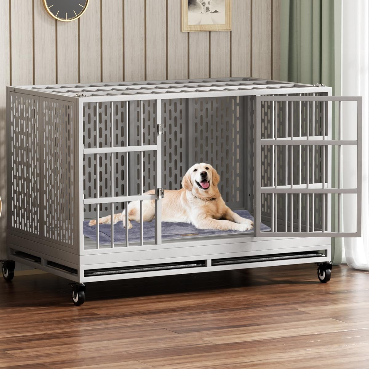 48/42/38 Inch Heavy Duty Dog Crate with Wheels, Folding Metal Big Dog ...