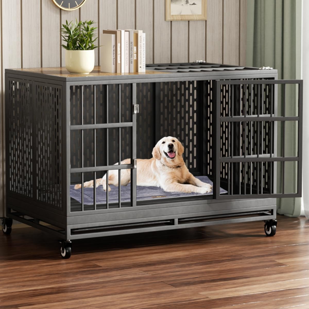 48/42/38 Inch Heavy Duty Dog Crate with Wheels, Folding Metal Big Dog ...
