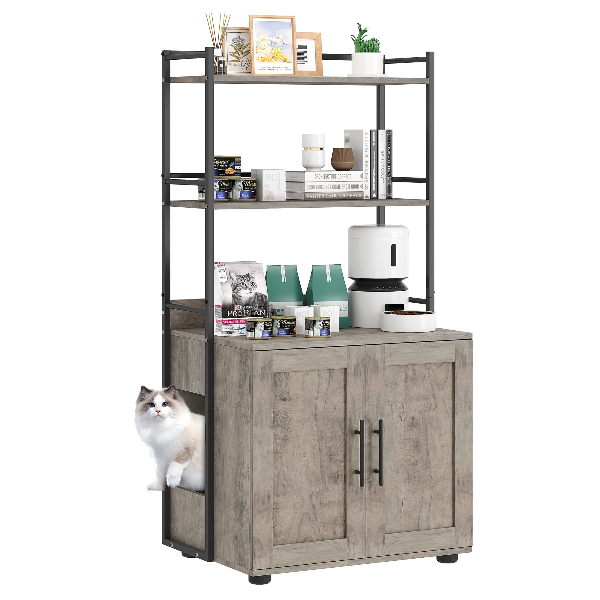 48.5''H Cat Litter Box Enclosure with 3 Shelves/Storage Cabinet 2-in-1 ...