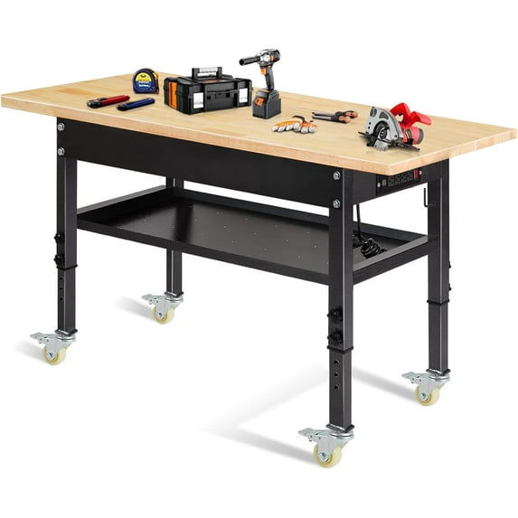 48"/60'' Adjustable Workbench, Rubber Wood Top Work Bench Heavy-Duty ...