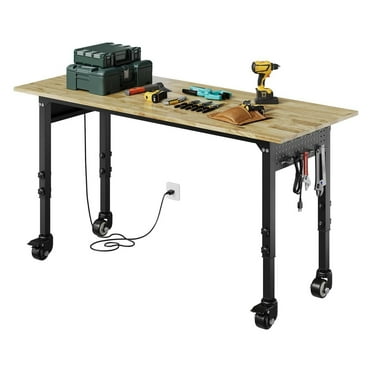 Odaof 60” Heavy-Duty Wood Workbench with Wheels, Adjustable Height ...