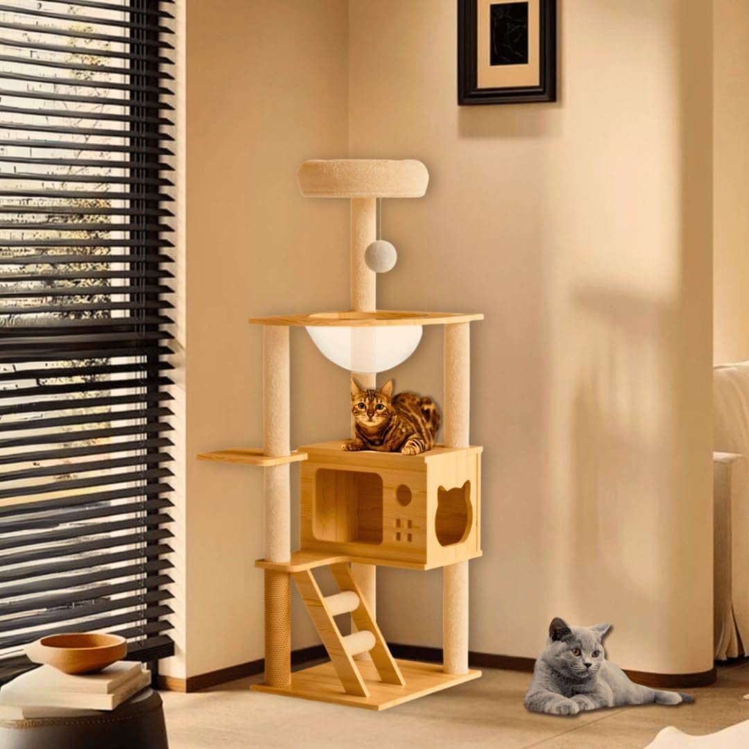 48.8 Inch Modern Cat Tree Tower for Indoor Cats - Wood Cat Condo with ...