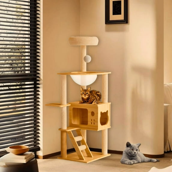 48.8 Inch Modern Cat Tree Tower for Indoor Cats - Wood Cat Condo with ...