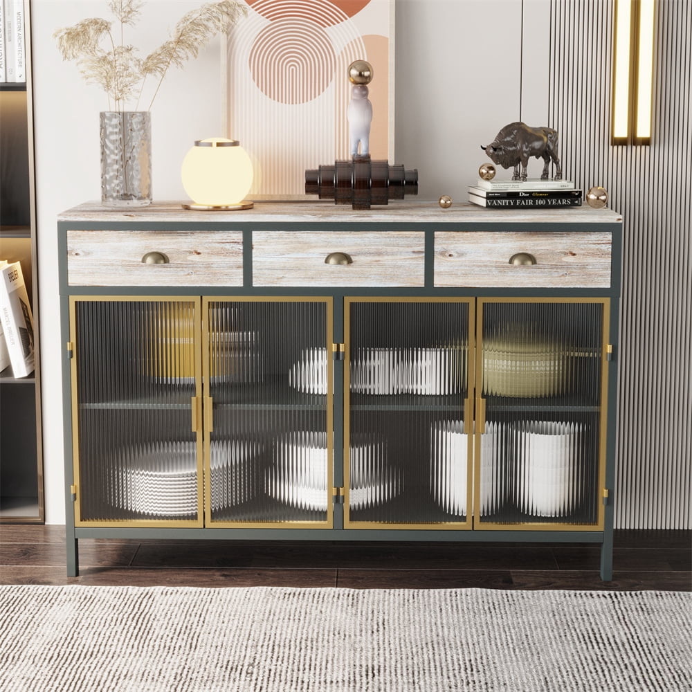 48" Accent Storage Cabinet with 4 Glass Doors and 3 Drawers Modern ...