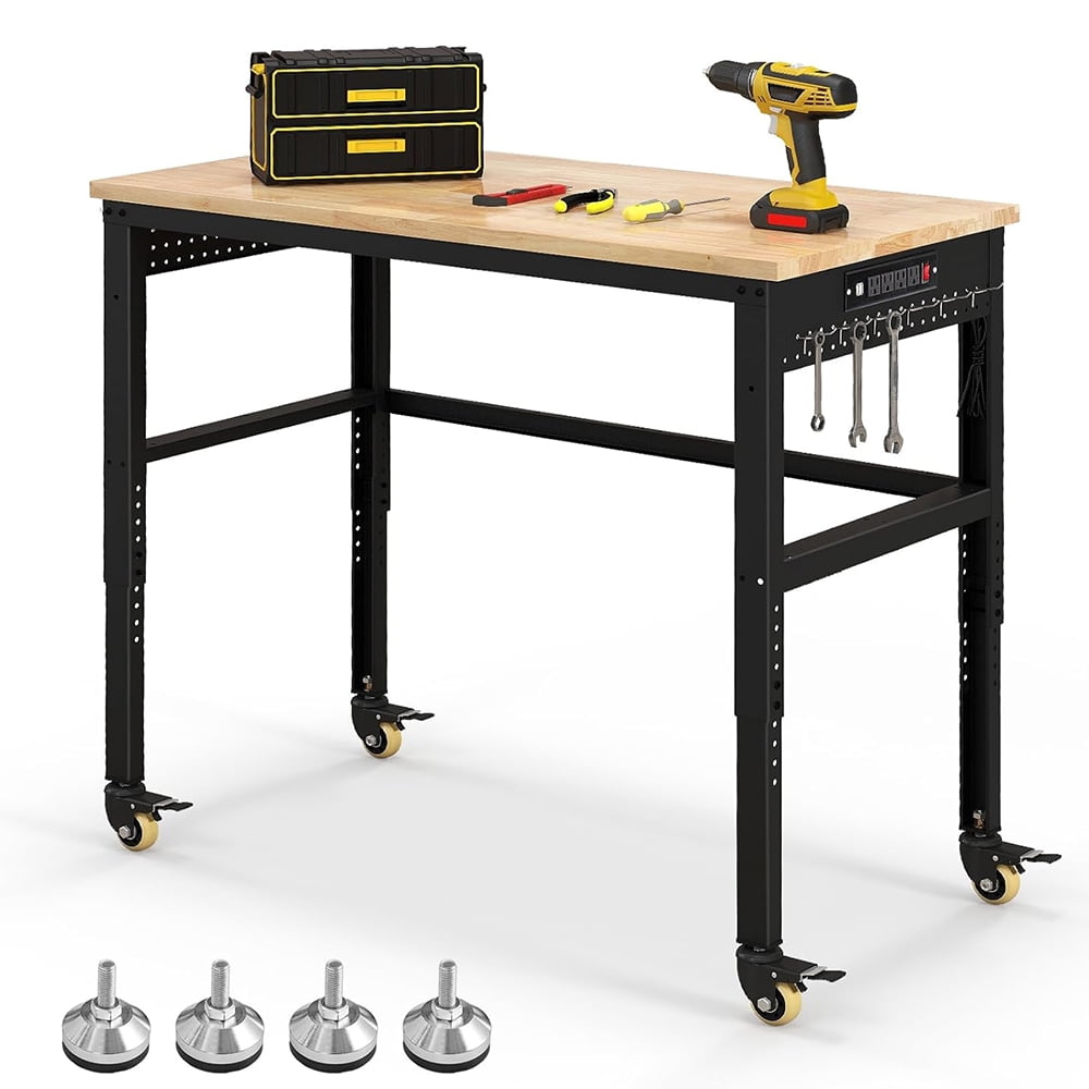 48” Adjustable Oak Wood Work Table, Work Bench with Power Outlet, w ...