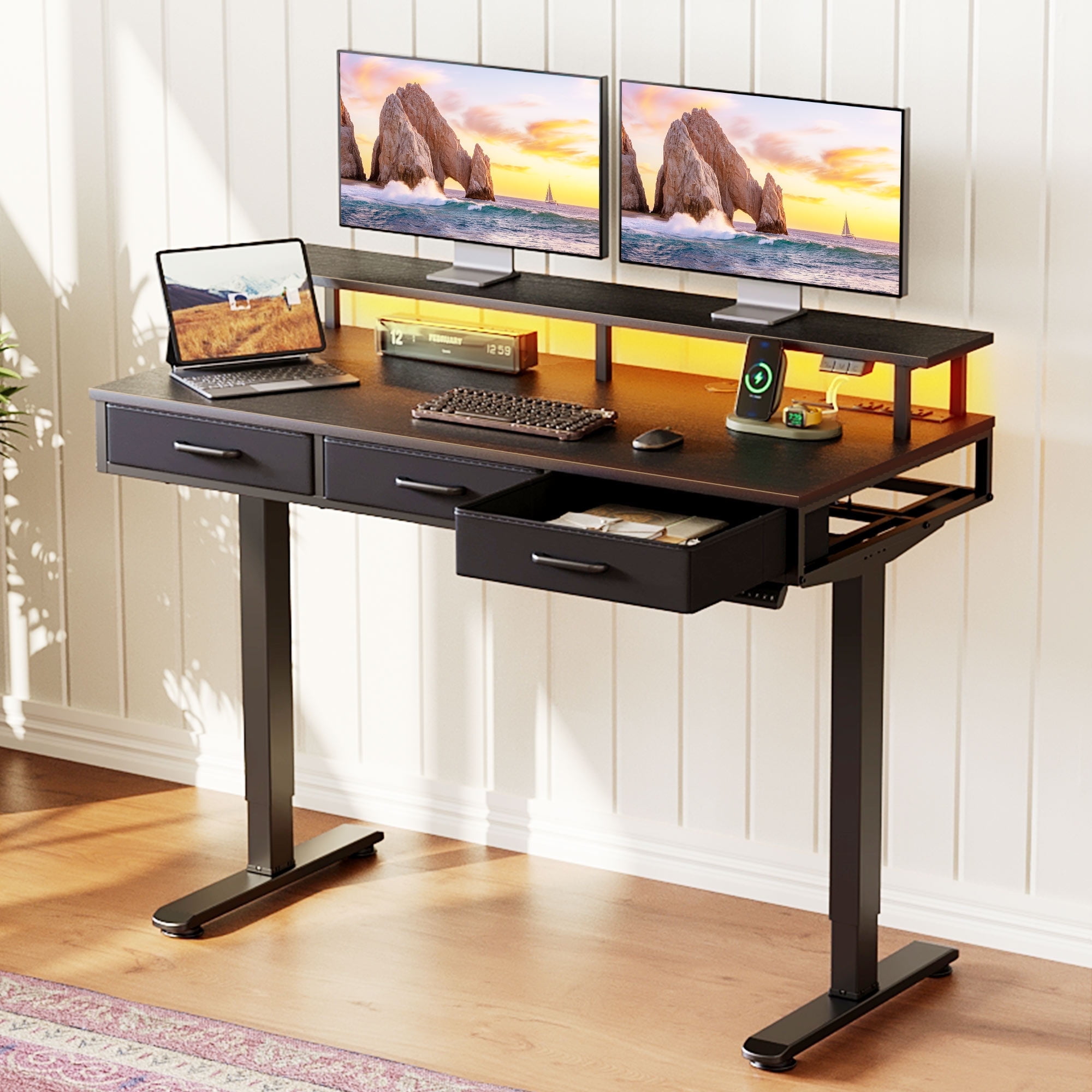Casacomoda 48“ Electric Standing Desk with Power Outlets and LED Lights ...