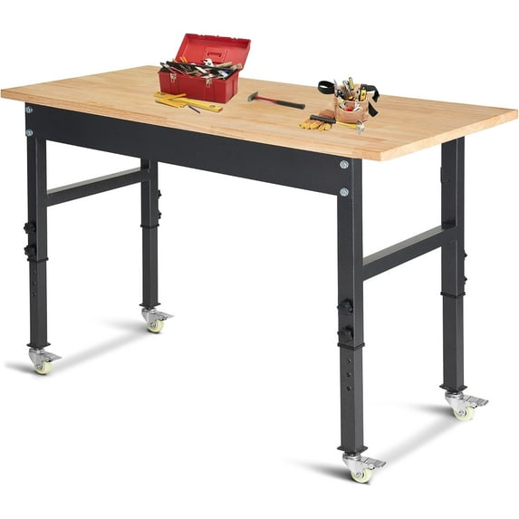 48" Adjustable Work Bench, Rubber Wood Top Workbench Heavy-Duty Work ...
