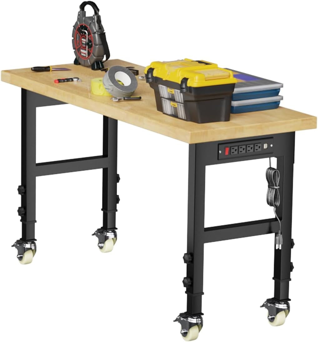 48'' Adjustable Workbench, 4 Heights Work with Wheels and Power Outlets ...