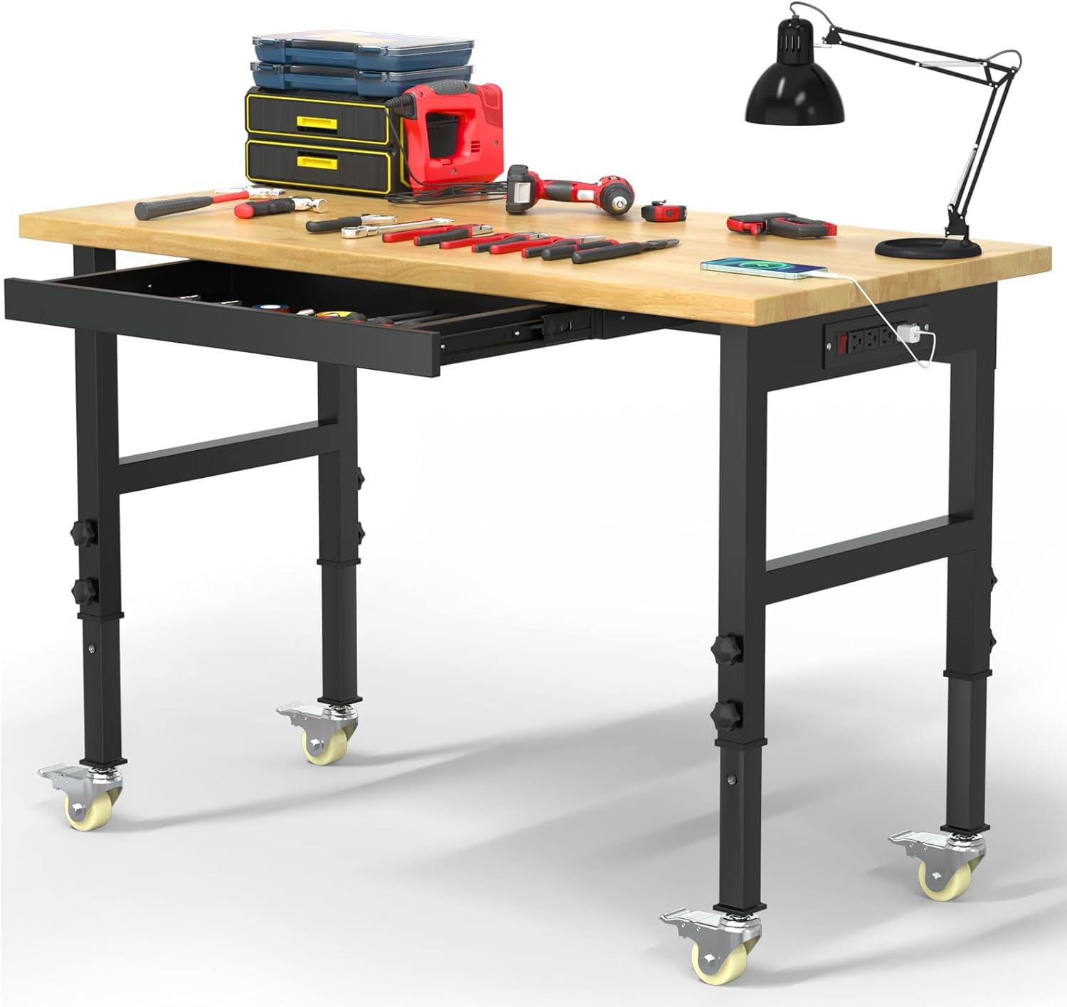48 "Adjustable Workbench with Drawers, Heavy Duty Work with Wheels & Power Outlets, 2000 LBS ...
