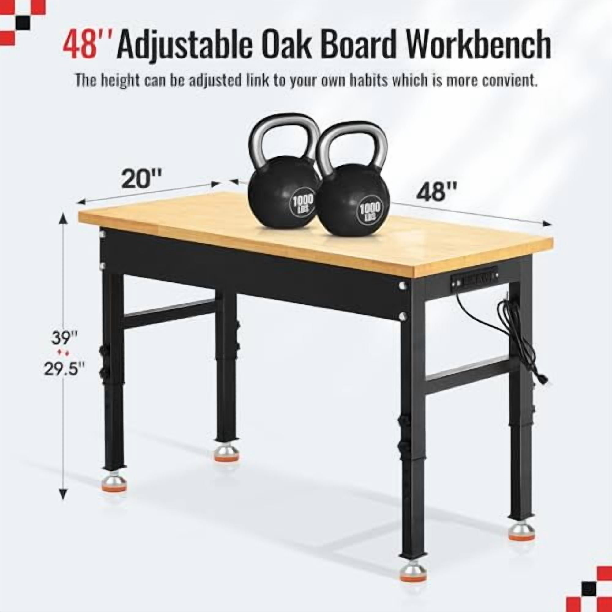 48'' Adjustable Workbench,Heavy Duty Workstation with Rubber Wood Top ...