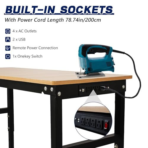 48'' Adjustable Workbench with Power Outlet, 2000 Lbs Capacity Work Benches for Garage, Wood ...