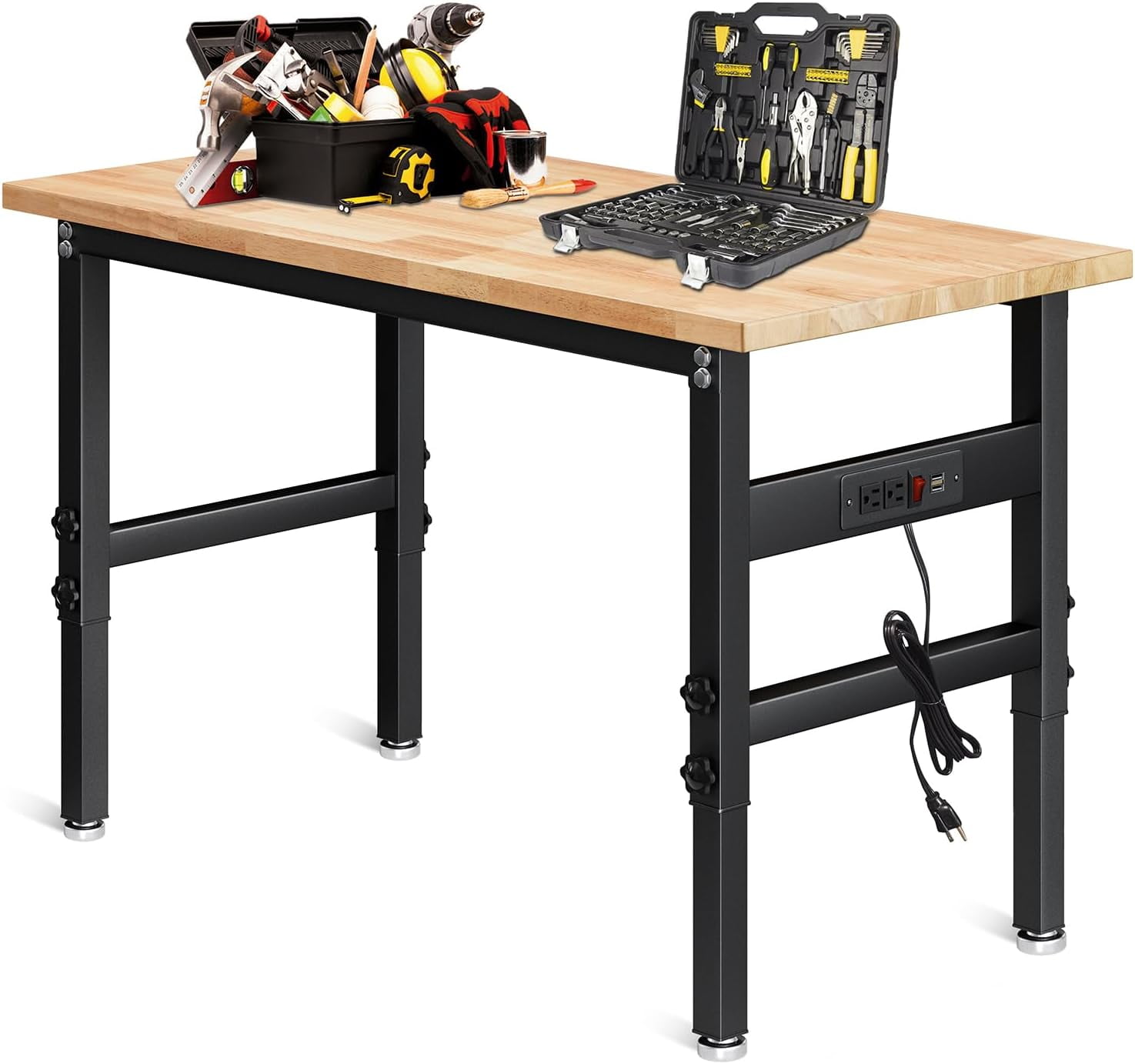 48" Adjustable Workbench with Power Outlet, Oak Hardwood Top Heavy Duty ...