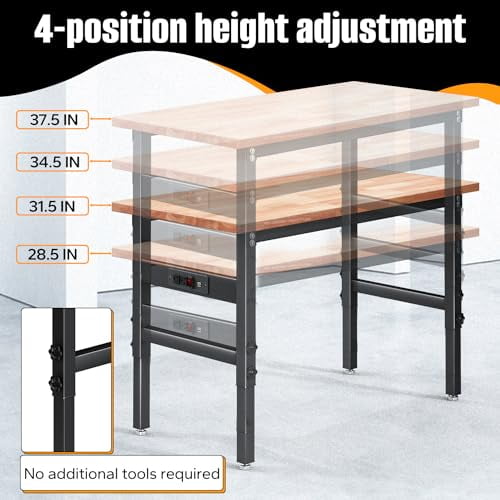 48" Adjustable Workbench with Power Outlet, Oak Hardwood Top Heavy Duty ...