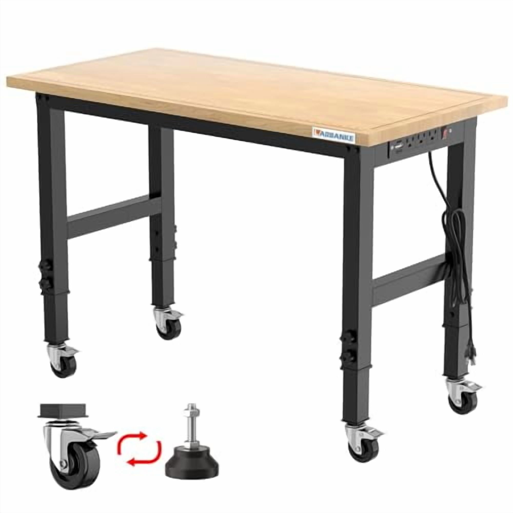 48" Adjustable Workbench with Wheels,Heavy-Duty Rubber Wood Worktable ...