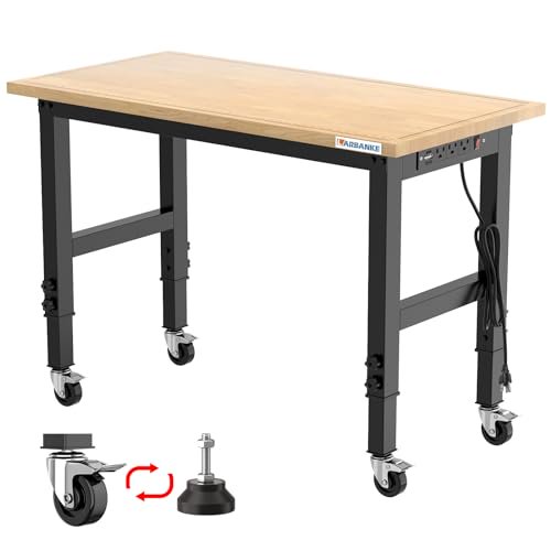 48" Adjustable Workbench with Wheels,Heavy-Duty Rubber Wood Worktable ...