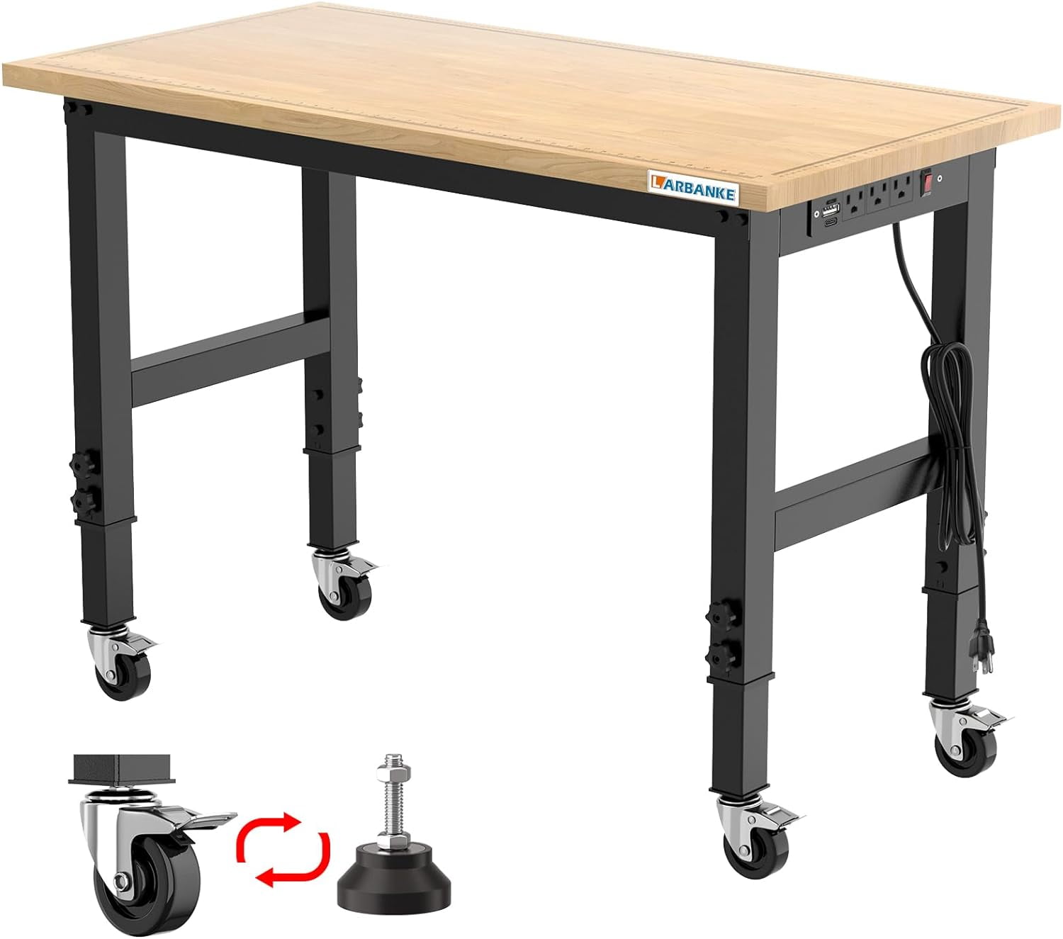 48" Adjustable Workbench with Wheels,Heavy-Duty Rubber Wood Worktable ...