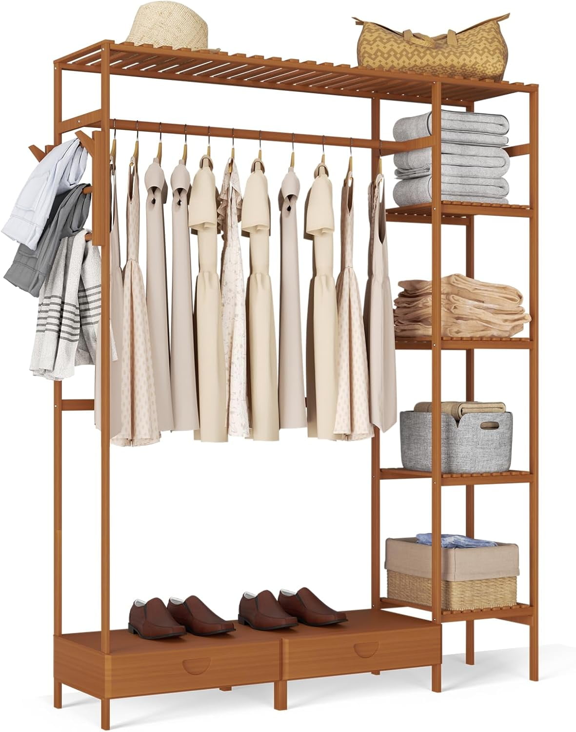 48" Bamboo Garment Rack Multi Tier Clothes Rack Storage Shelves with 2 ...