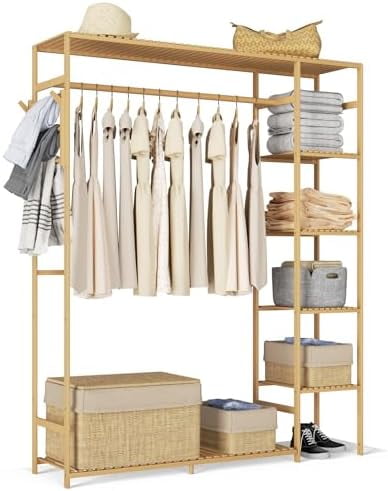 48" Bamboo Multi Tier Clothes Rack with Side Hook & Pants Rack, Heavy ...