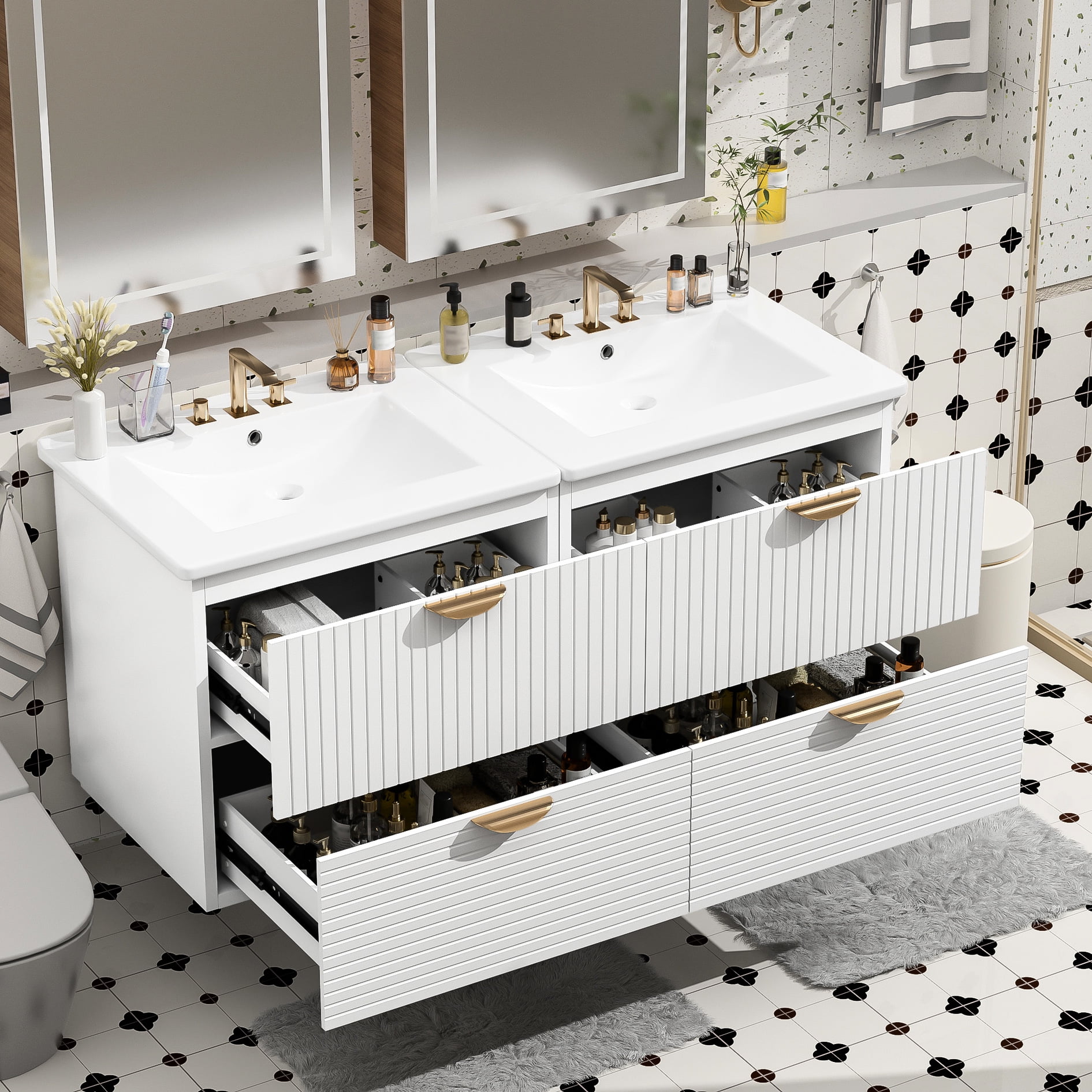 48" Bathroom Vanity With Double Vanities. 4 Drawers. White. Improves ...