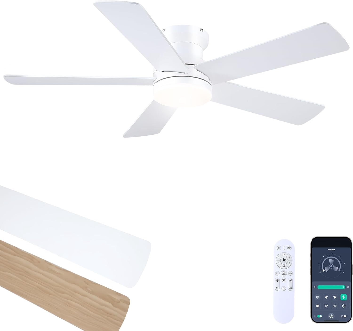 48" Black Flush Mount Ceiling Fan with Light, 6 Speeds, Reversible ...
