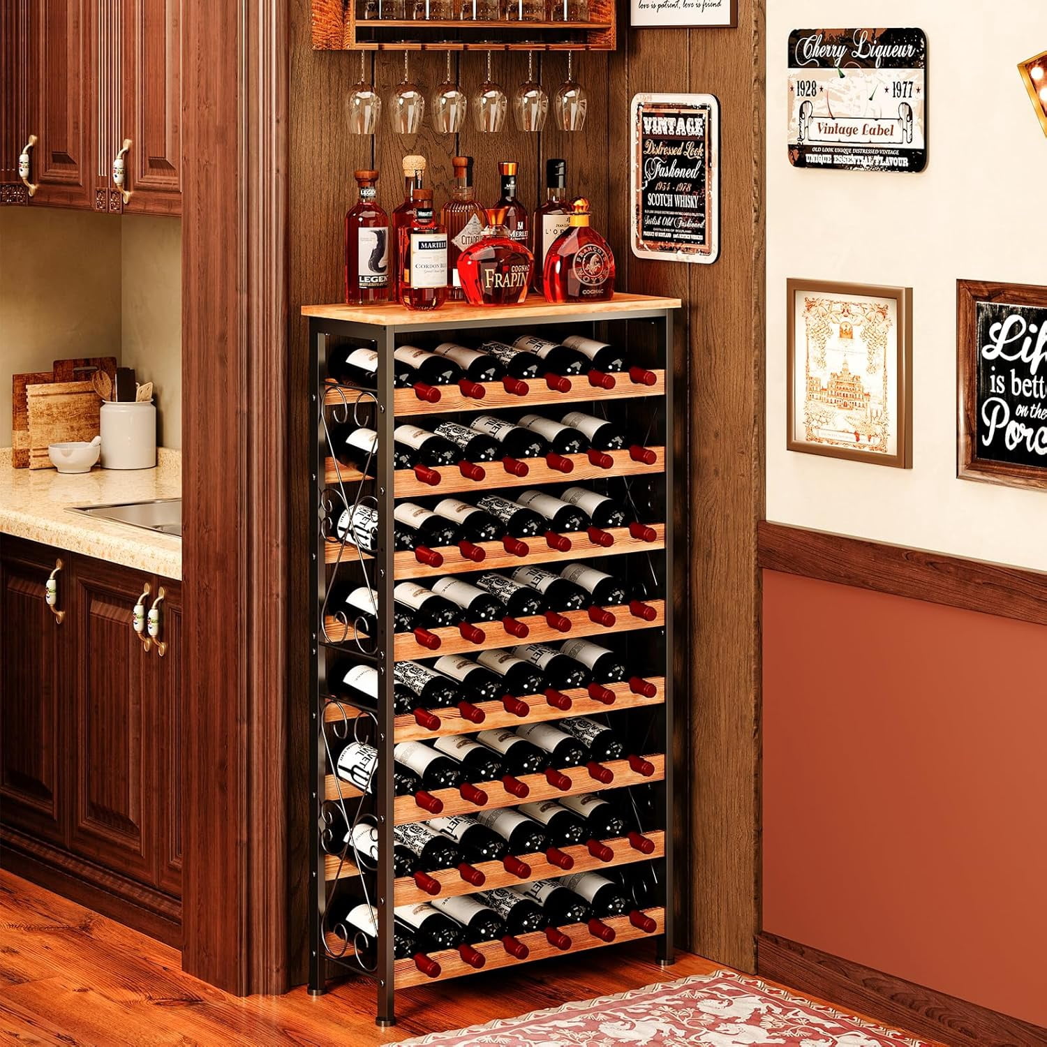 48 Bottle Wine Rack Freestanding Floor with Wood Top, Wine Glass Holder ...