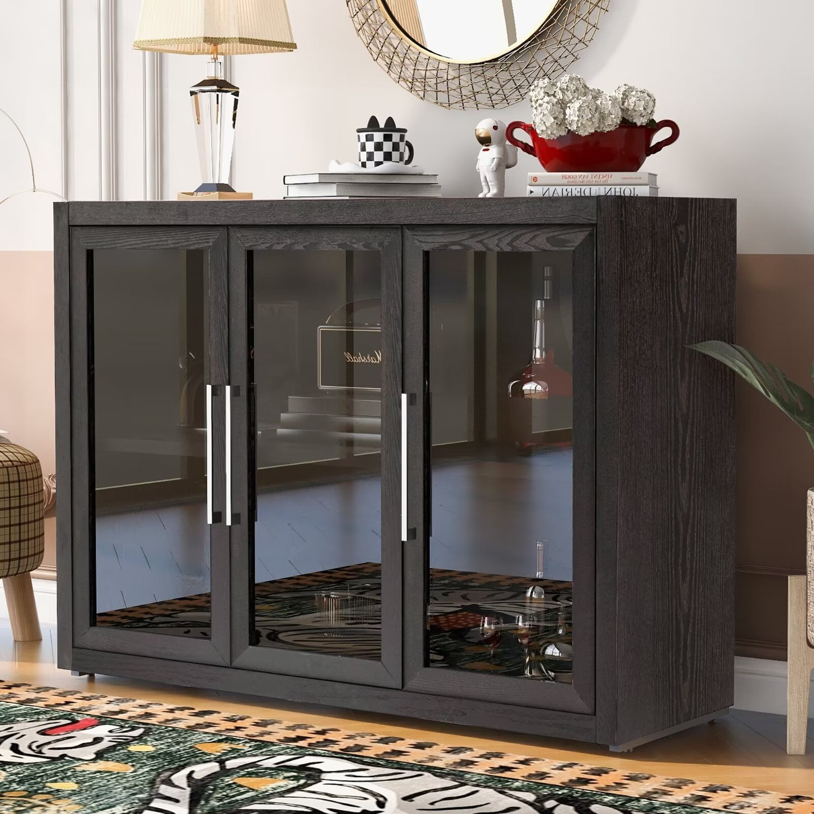 48'' Buffet Sideboard Cabinet with Three Tempered Glass Doors and ...