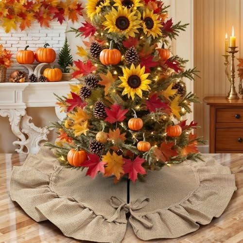 48" Burlap Fall Christmas Tree Skirt with Ruffle Border, Beach ...