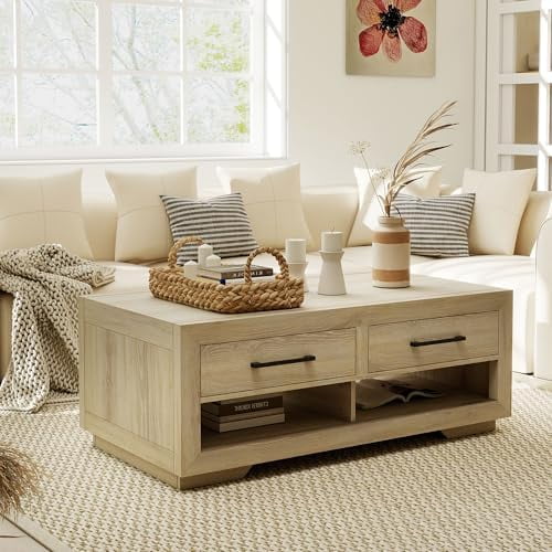 48" Coffee Table with 4 Storage Drawers and Open Shelf, Metal Handles ...