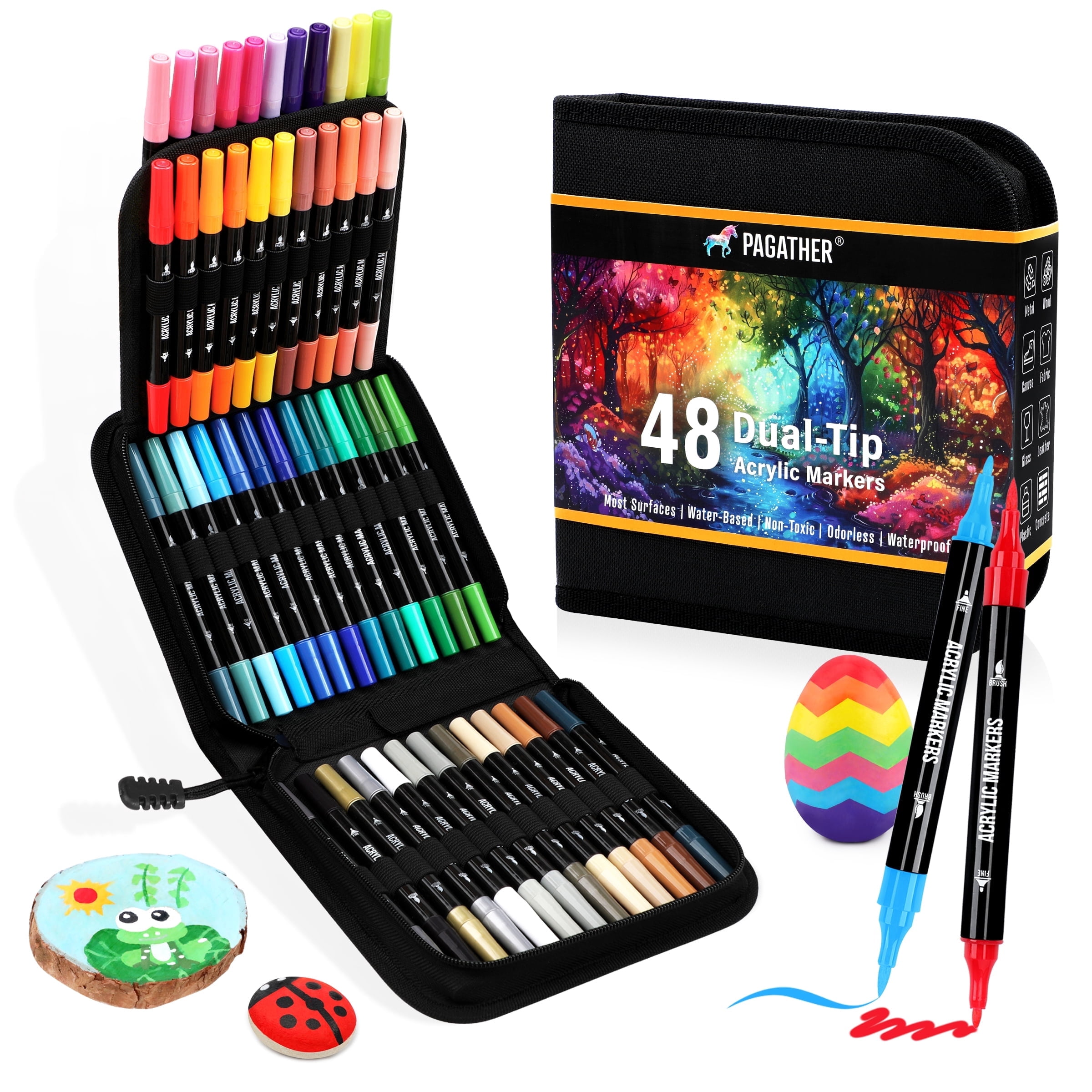 48 Colors Acrylic Paint Markers, Dual Tip with Fine Tip and Brush Tip ...
