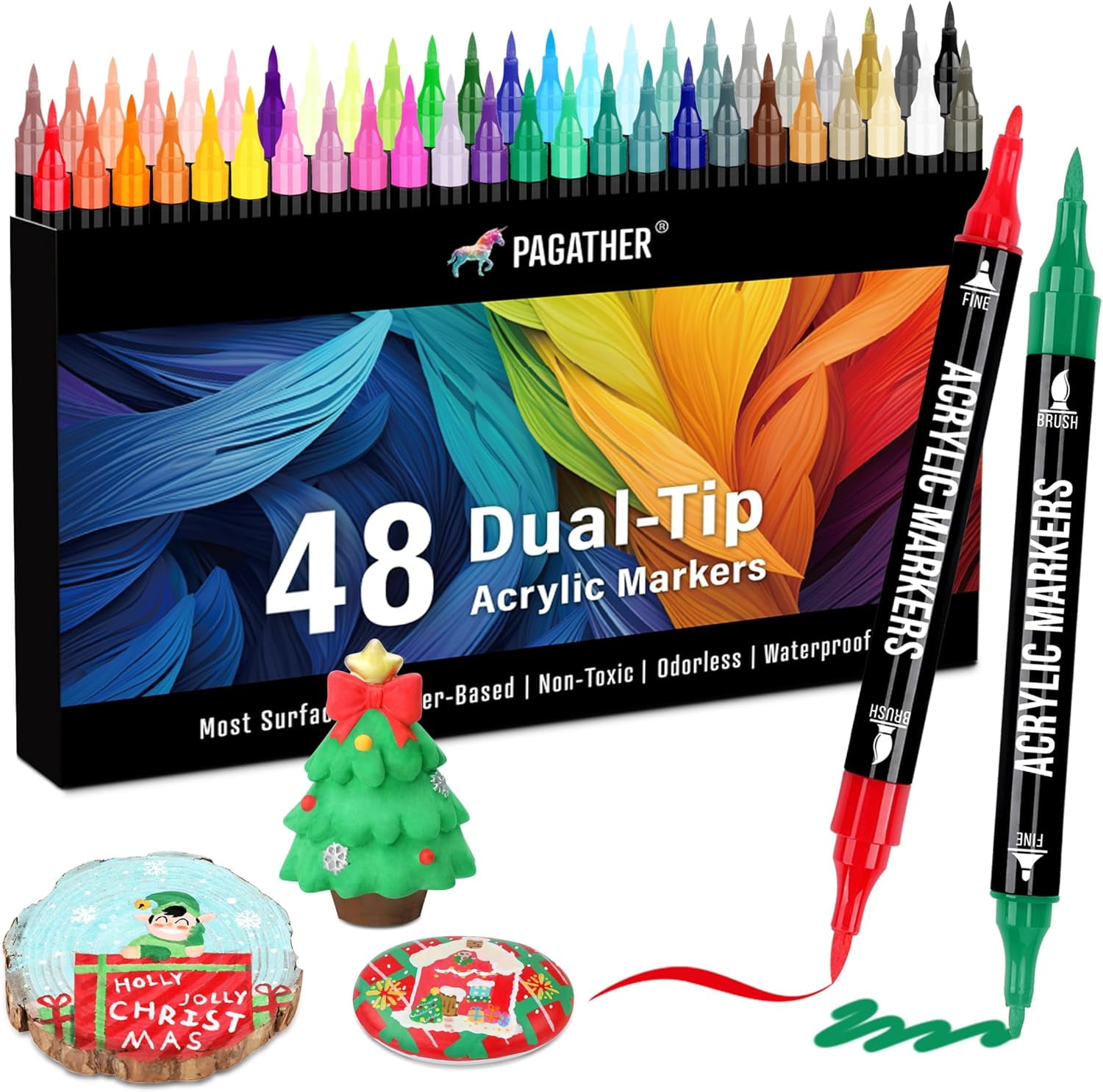 48 Colors Acrylic Paint Markers, Dual Tip with Fine Tip and Brush Tip ...