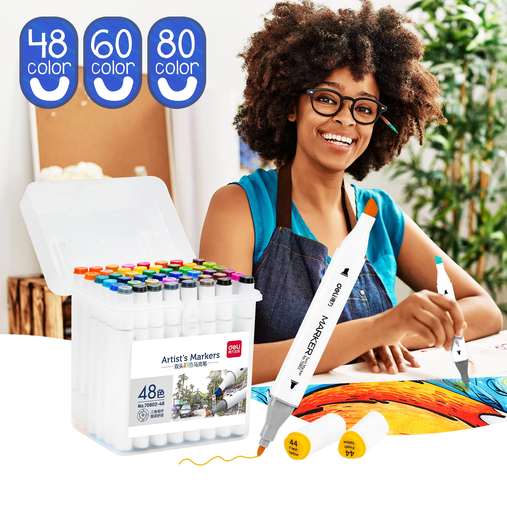 Deli 48 Colors Dual Tip Permanent Marker Set, Chisel and Fine Tips ...