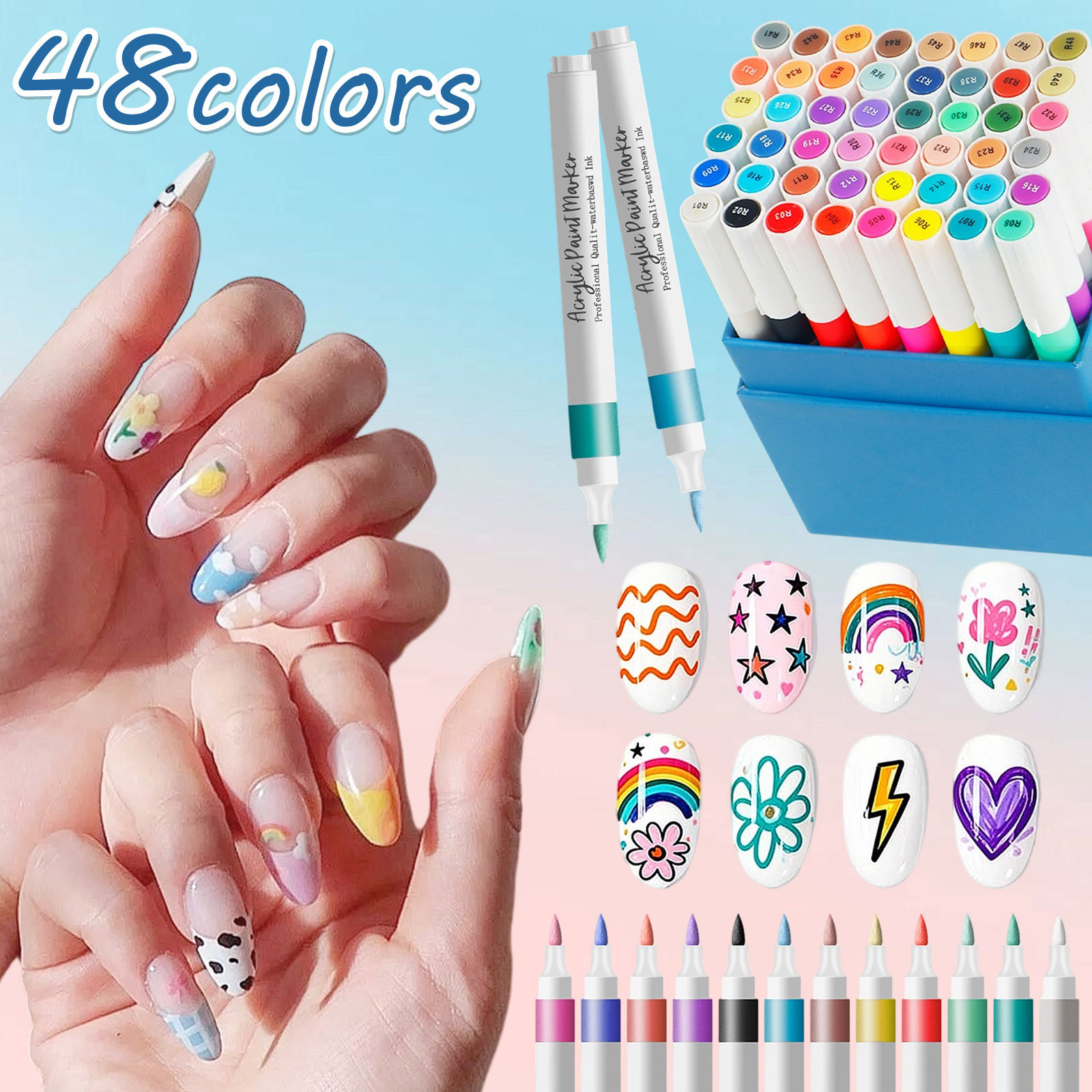 48 Colors Nail Art Pens Set, 3D Nail Art Markers for Nail Art Kit, Nail ...