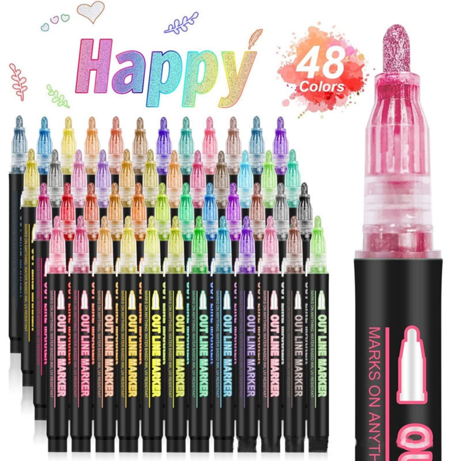 48 Colors Outliner Pens, Glitter Markers, Double Line Outline Markers ...
