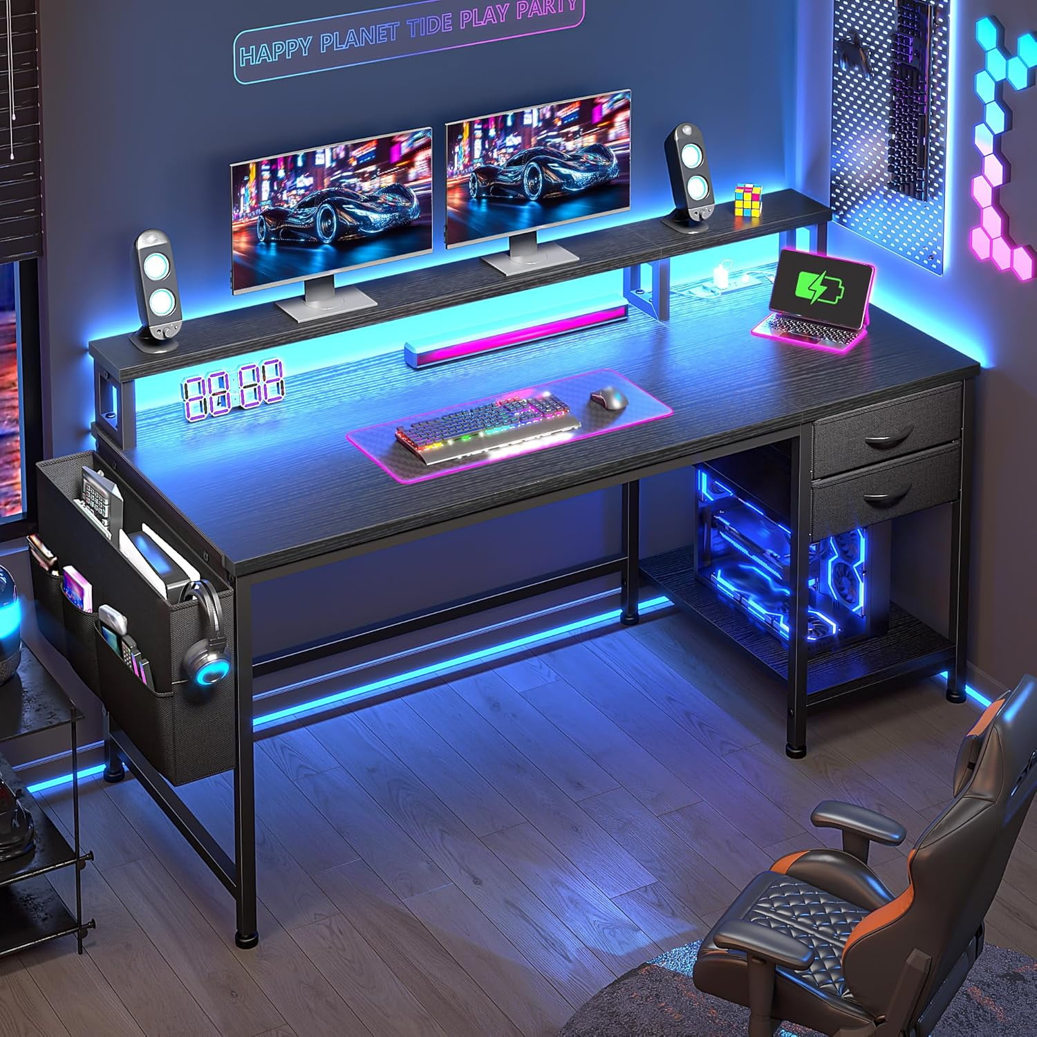 48" Computer Desk with LED Strip, Gaming Desk with Drawers & Storage ...