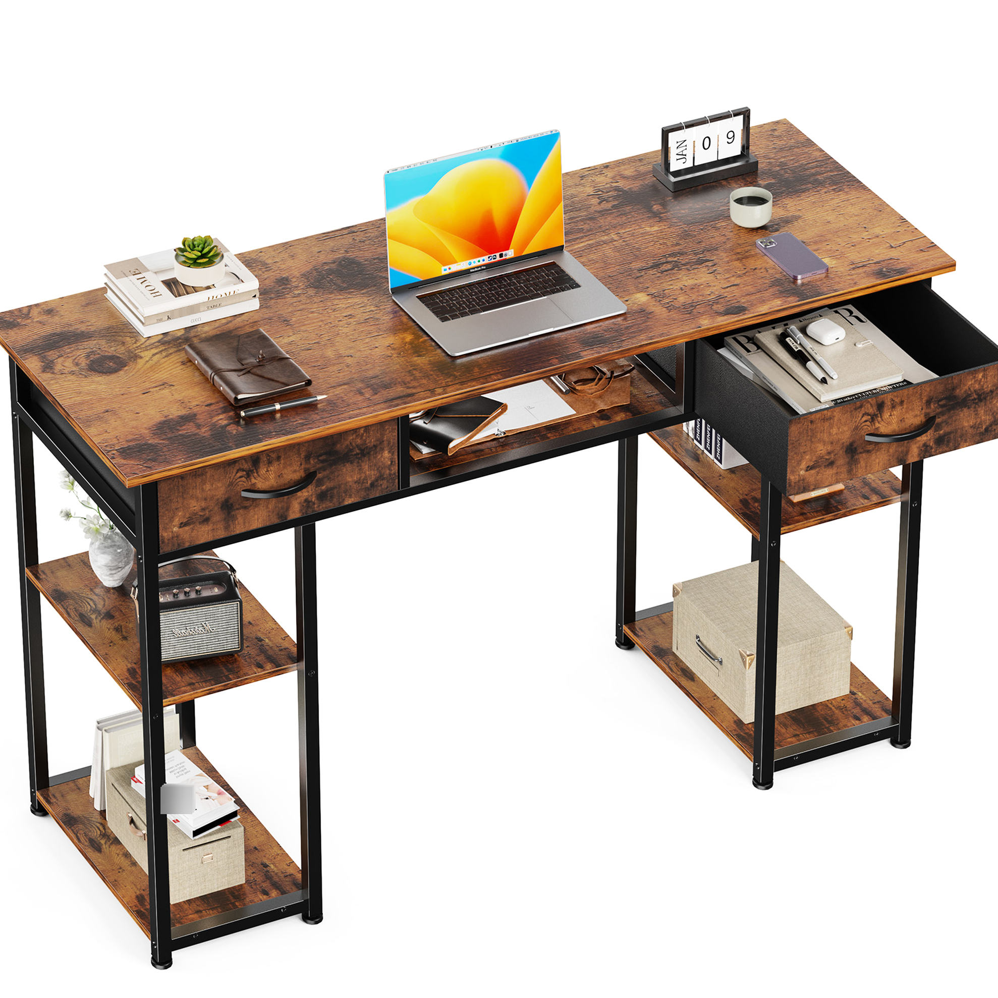 48" Computer Desk For Study Area, Brown Wood With Fabric Drawers ...