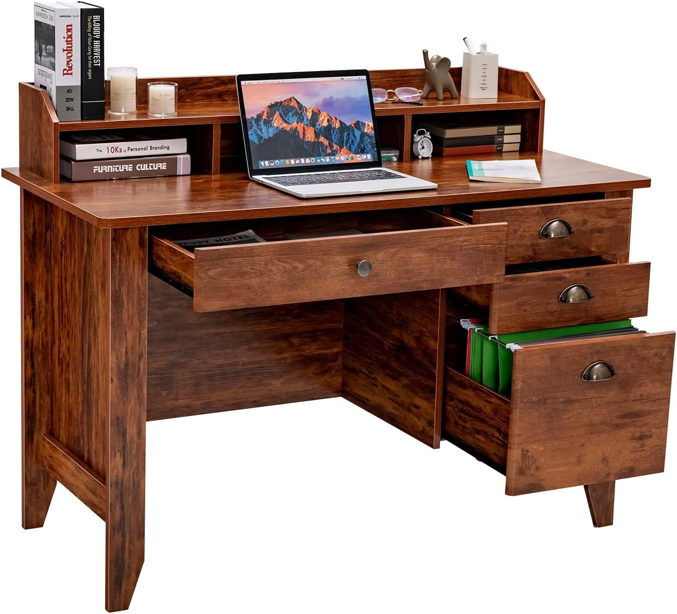 48" Computer Desk with 4 Storage Drawers and Hutch Wood Executive Table ...