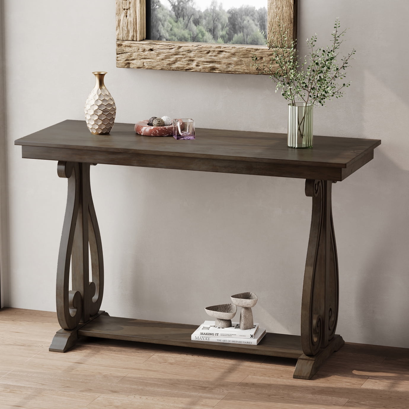 48" Console Table, Rustic Vintage Side Table with Open Shelf, Curved ...