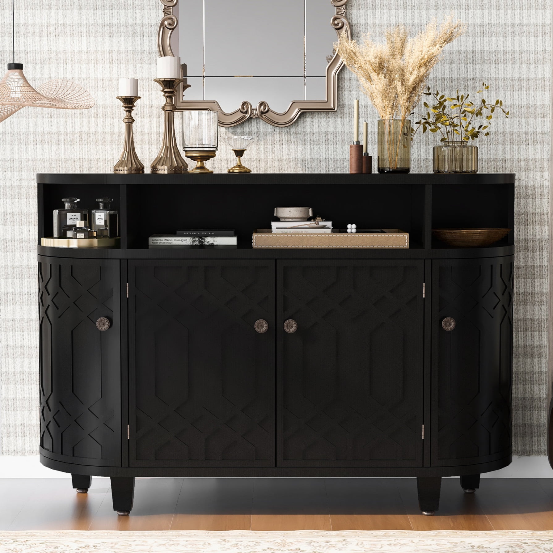 48'' Curved Design Console Table, Storage Cabinet with 4 Doors and ...