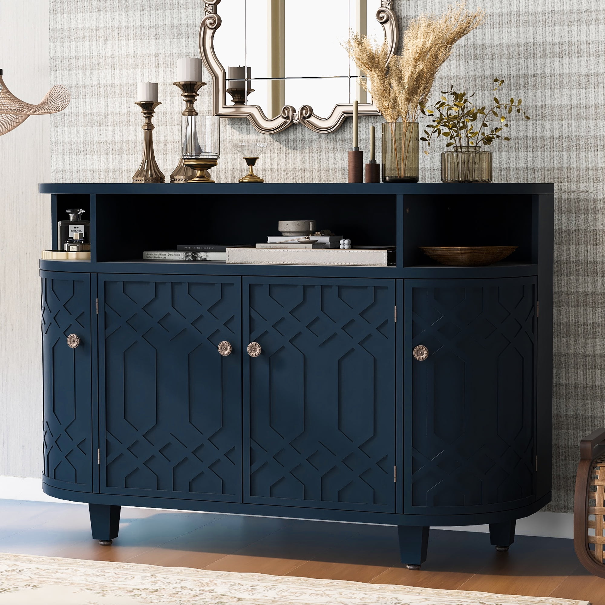 48" Curved Sideboard - Solid Ash Veneer Storage Cabinet with 4 Doors ...