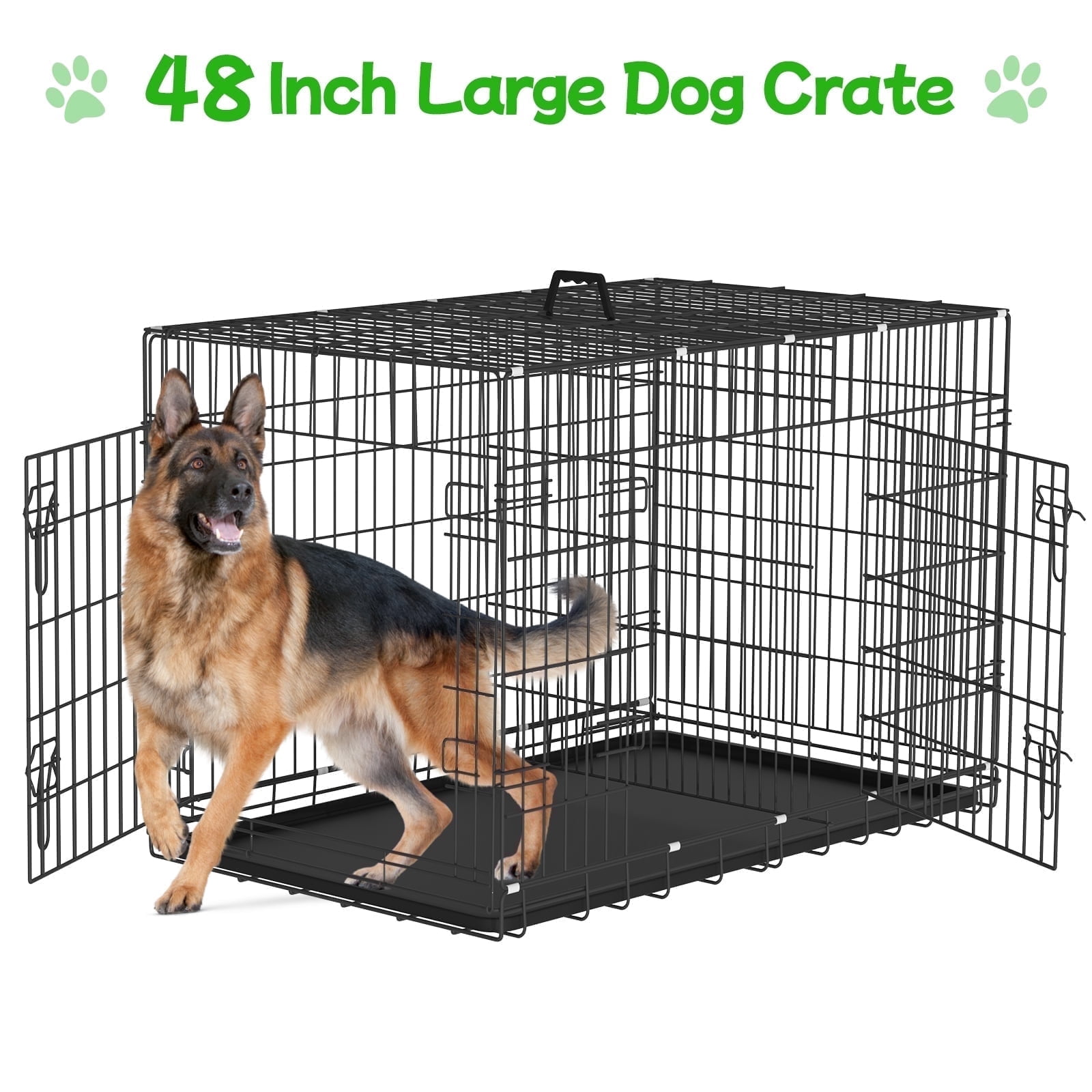 48" Dog Crate Dog Cage Folding Dog Kennel Metal Wire Crates Tray&Two ...