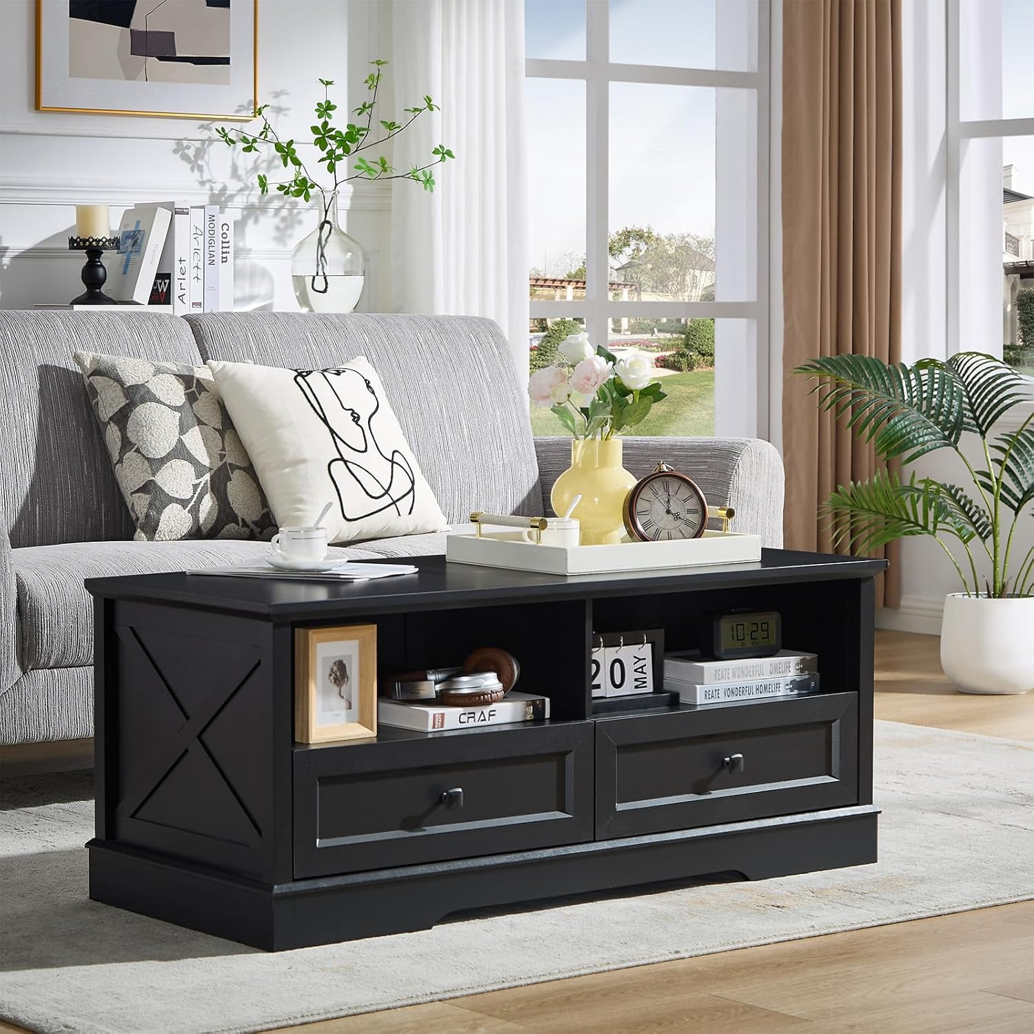 48" Farmhouse Coffee Table for Living Room, Wood Coffee Table with Storage, Rustic Rectangular ...