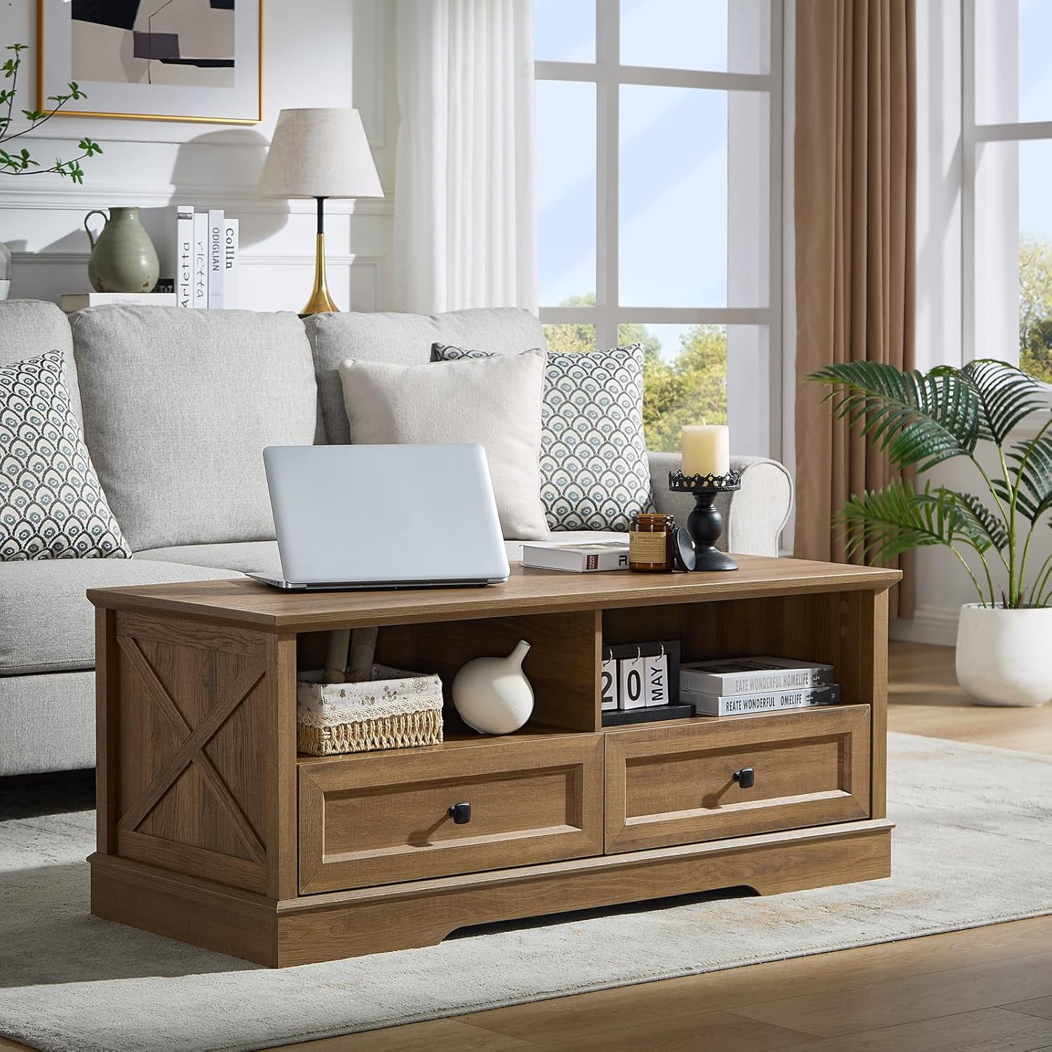 48" Farmhouse Coffee Table for Living Room, Wood Coffee Table with ...