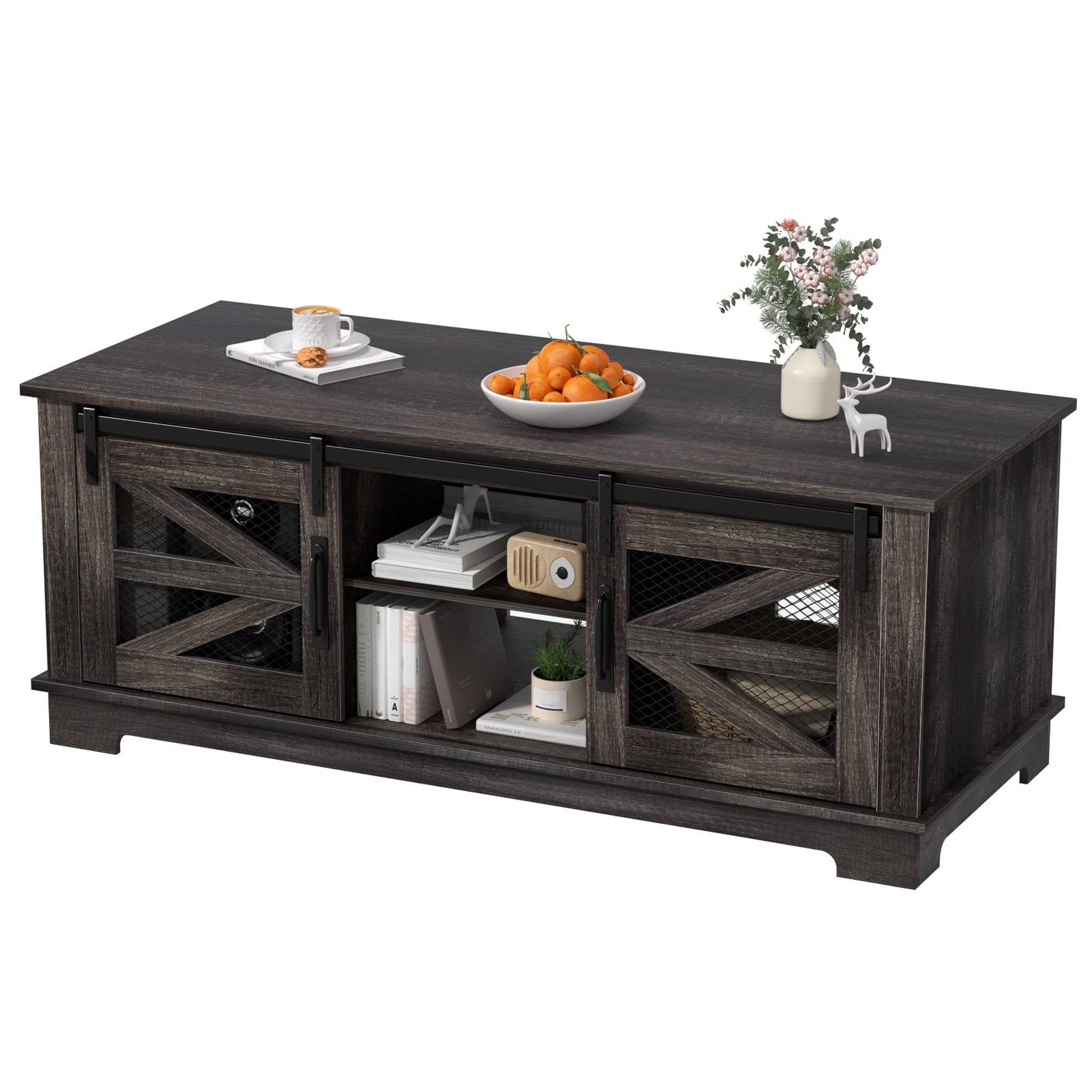 48 Farmhouse Coffee Table with Sliding Mesh Barn Doors Lift Top Center ...