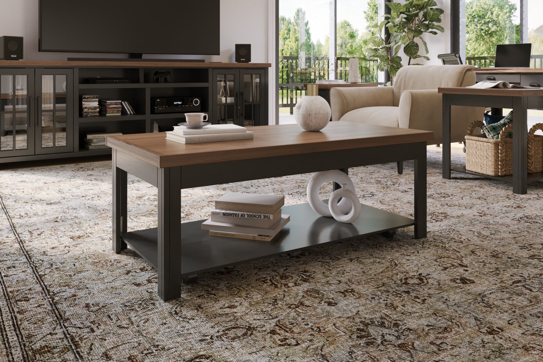 48" Farmhouse Coffee Table with Storage Shelf, Rectangle Cocktail Table ...