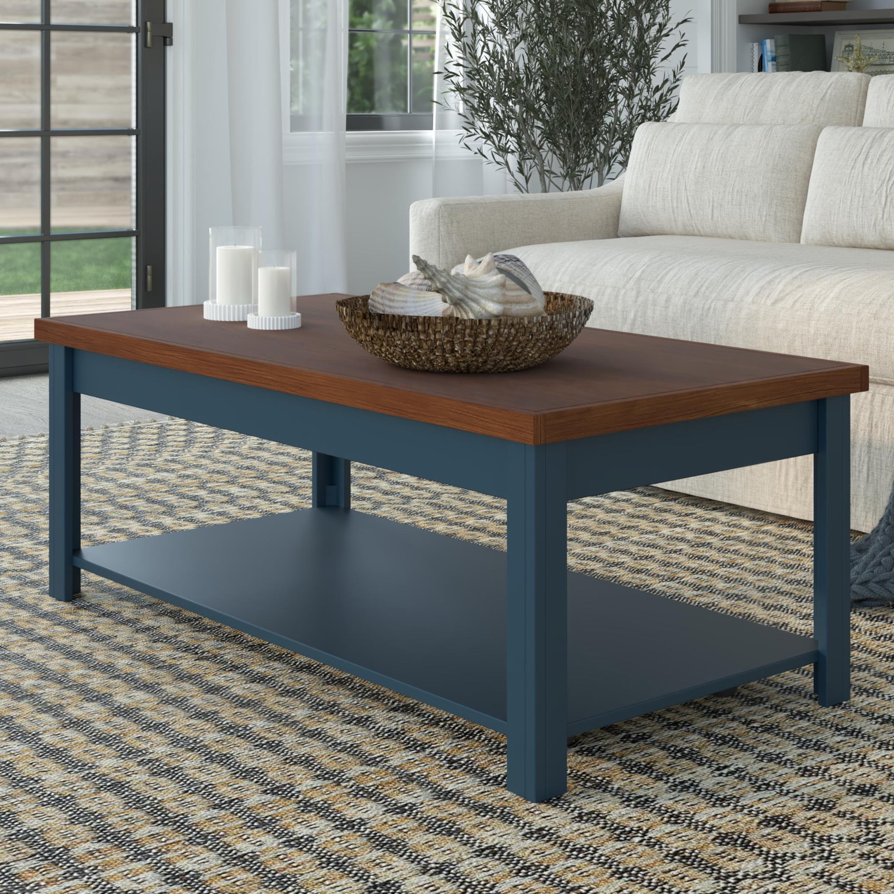 48" Farmhouse Coffee Table with Storage Shelf, Rectangle Cocktail Table ...
