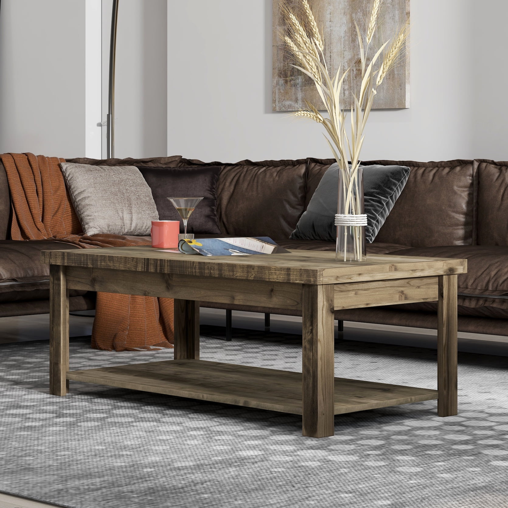 48" Farmhouse Coffee Table with Storage Shelf, Rectangle Cocktail Table ...