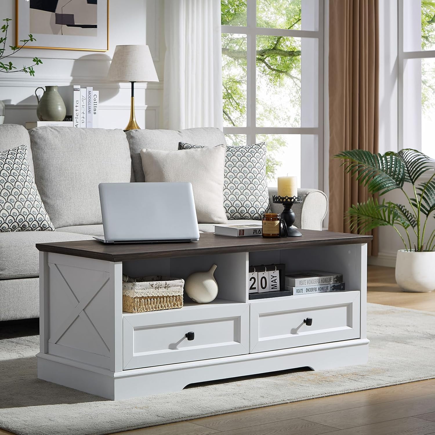 48" Farmhouse Coffee Table, Wood Coffee Table with Storage, Rustic ...