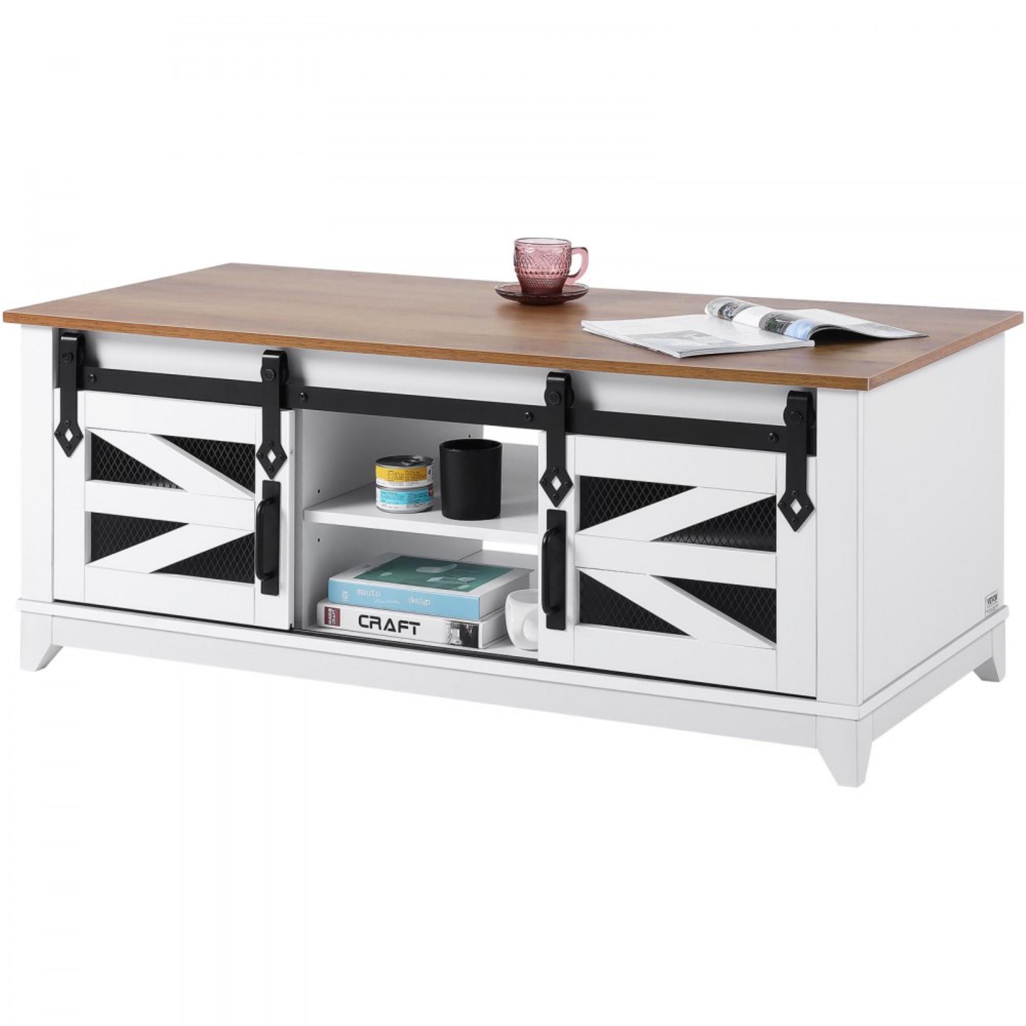 48 Farmhouse Coffee Table with 2 Sliding Barn Doors, Rustic Wooden ...