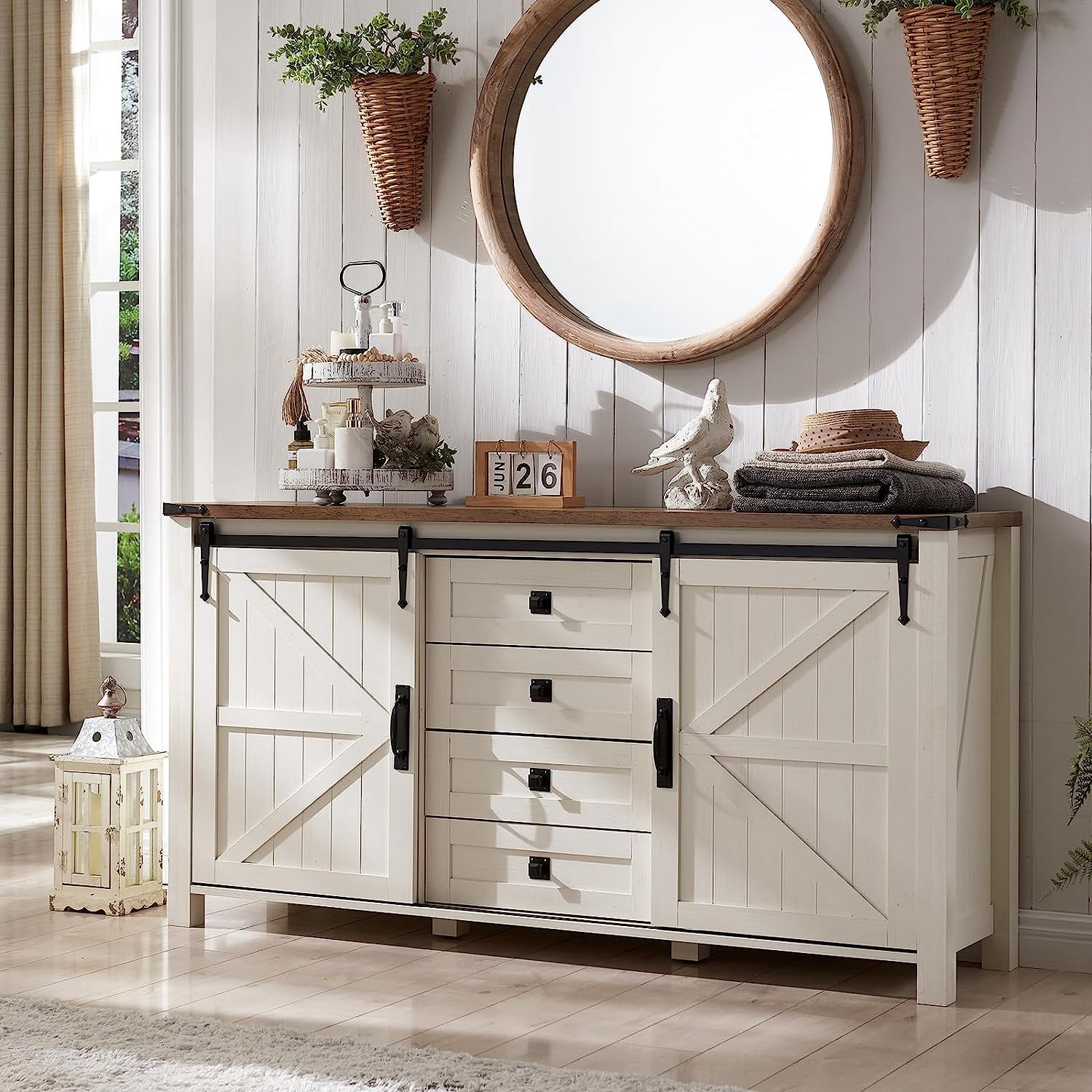 48'' Farmhouse Dresser w/4 Drawers & Sliding Barn Doors, Tall Chest of ...