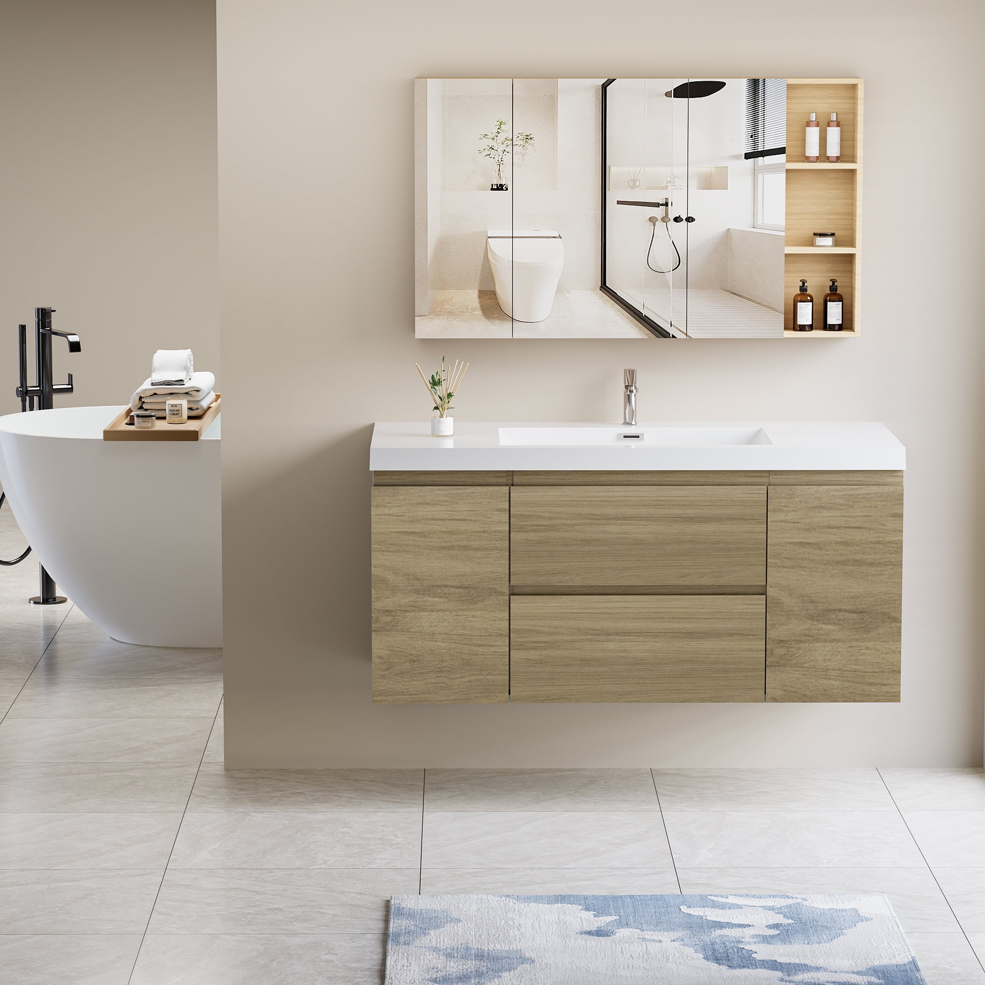 48" Floating Wall Mounted Bathroom Vanity Cabinet with Ceramic Sink and ...